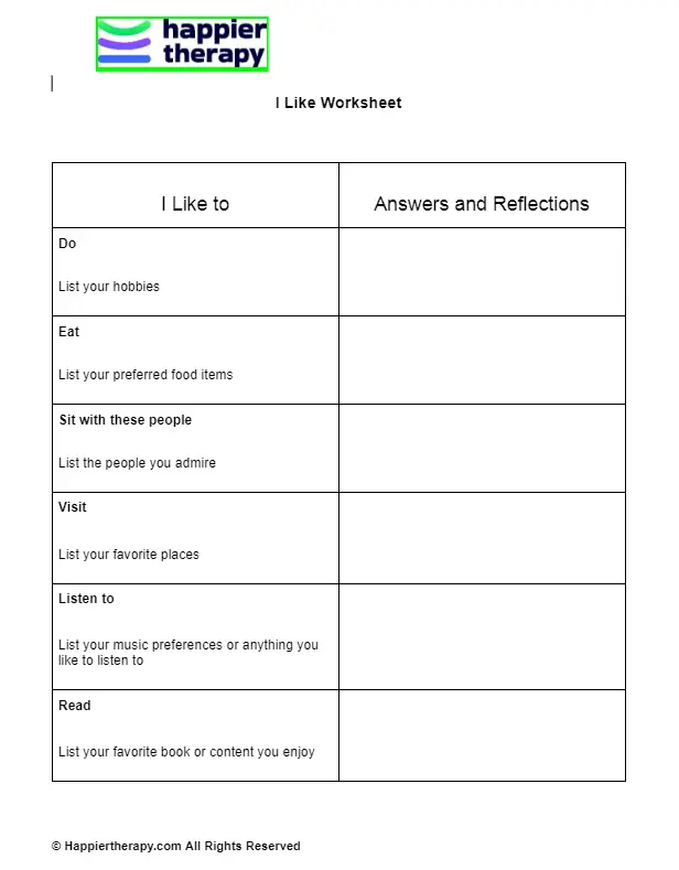 I Like Worksheet | HappierTHERAPY