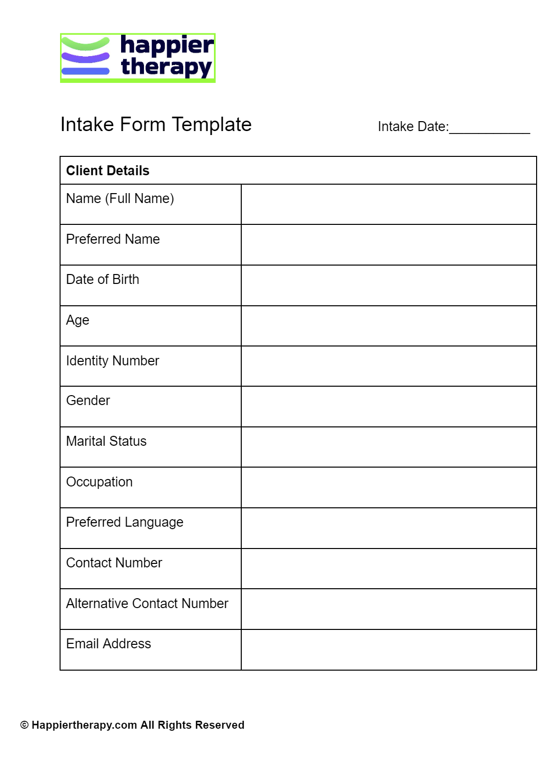 Intake Information Form Template | HappierTHERAPY