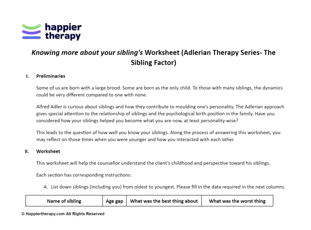Knowing More About Your Sibling's Worksheet (Adlerian Therapy Series ...