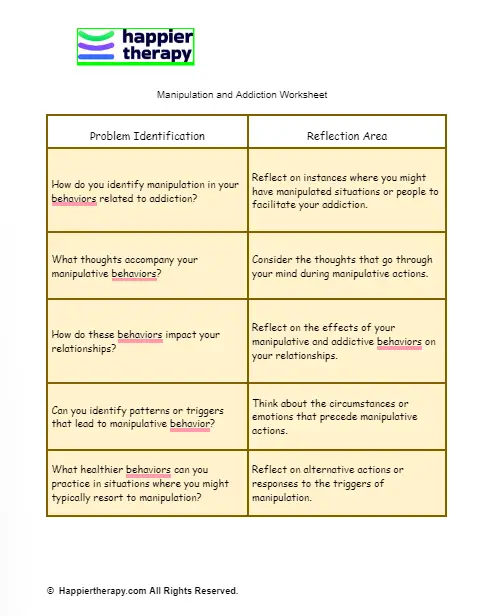 Manipulation And Addiction Worksheet | HappierTHERAPY