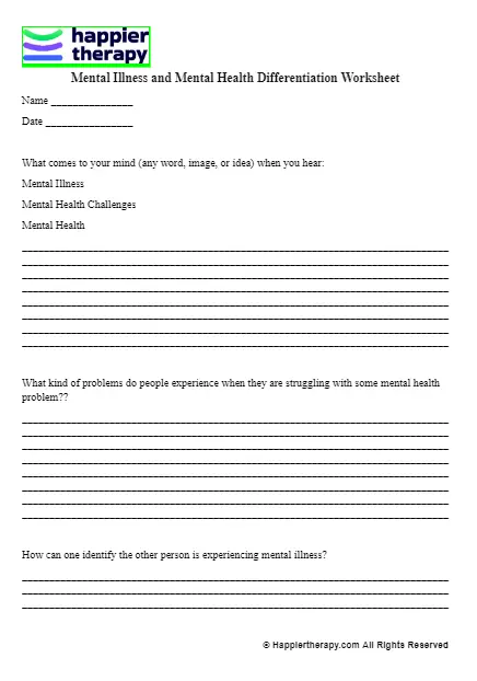 Mental Illness And Mental Health Differentiation Worksheet | HappierTHERAPY