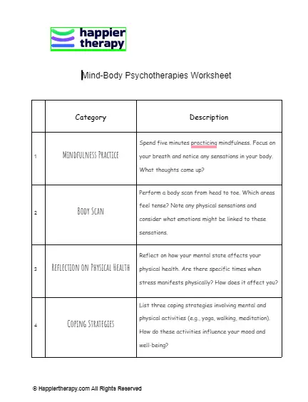 Mind-Body Psychotherapies Worksheet | HappierTHERAPY