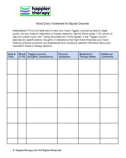 Mood Diary Worksheet For Bipolar Disorder | HappierTHERAPY