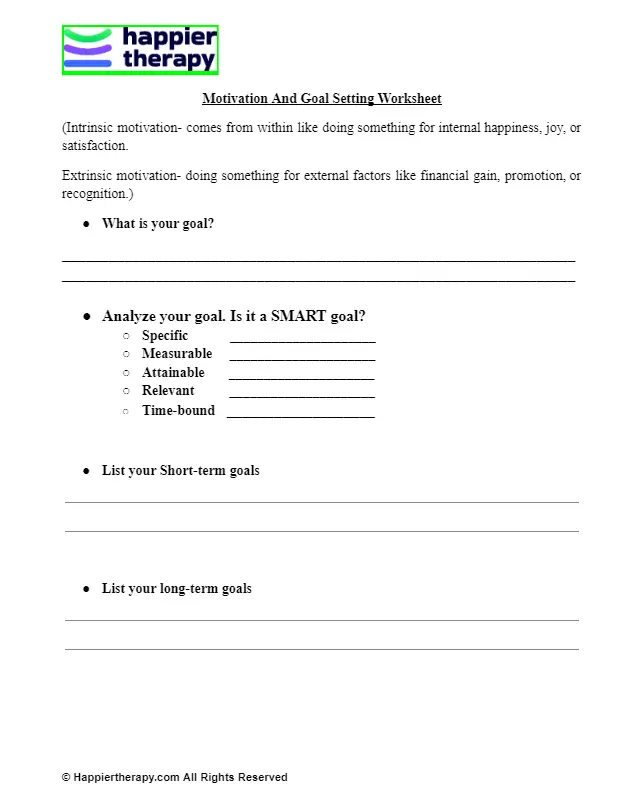 Motivation And Goal Setting Worksheet | HappierTHERAPY