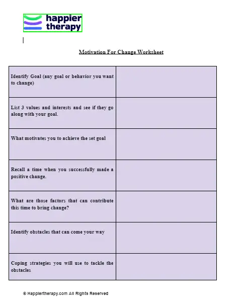 Motivation For Change Worksheet | HappierTHERAPY