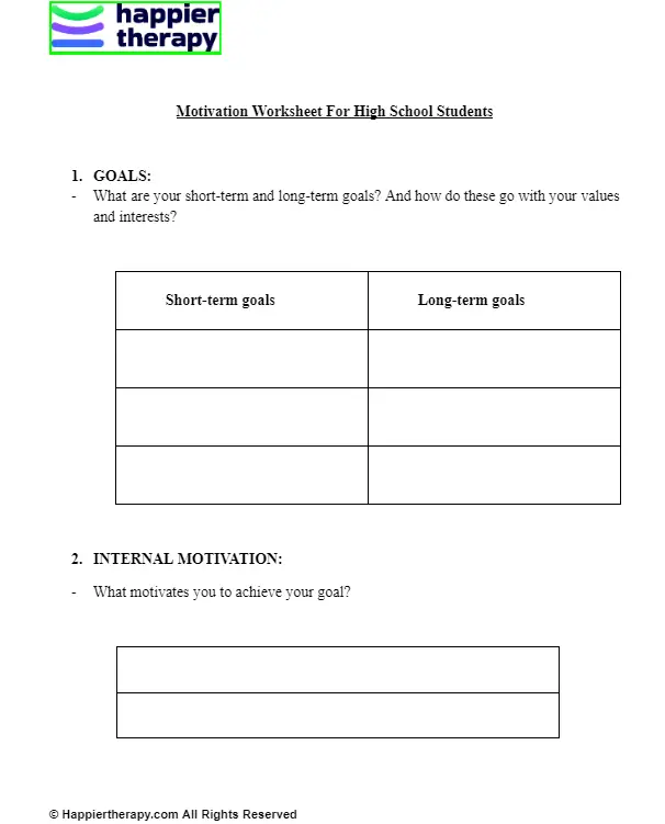 Motivation Worksheet For High School Students | HappierTHERAPY