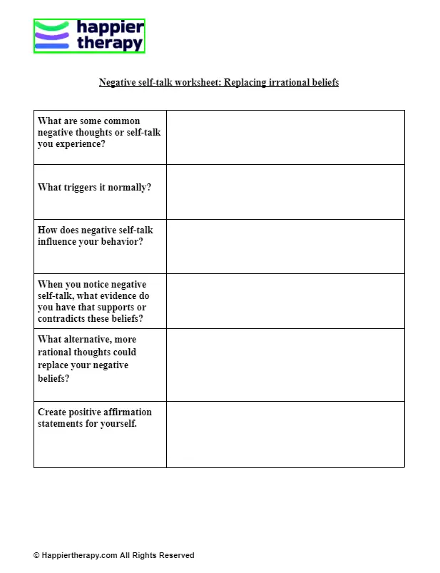 Negative Self-talk Worksheet: Replacing Irrational Beliefs | HappierTHERAPY