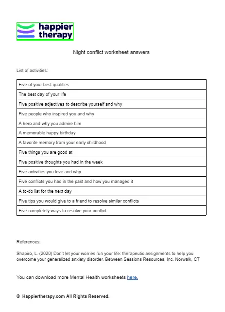 Night Conflicts Worksheet Answer | HappierTHERAPY