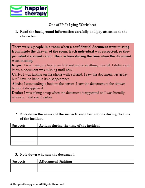 One Of Us Is Lying Worksheet | HappierTHERAPY