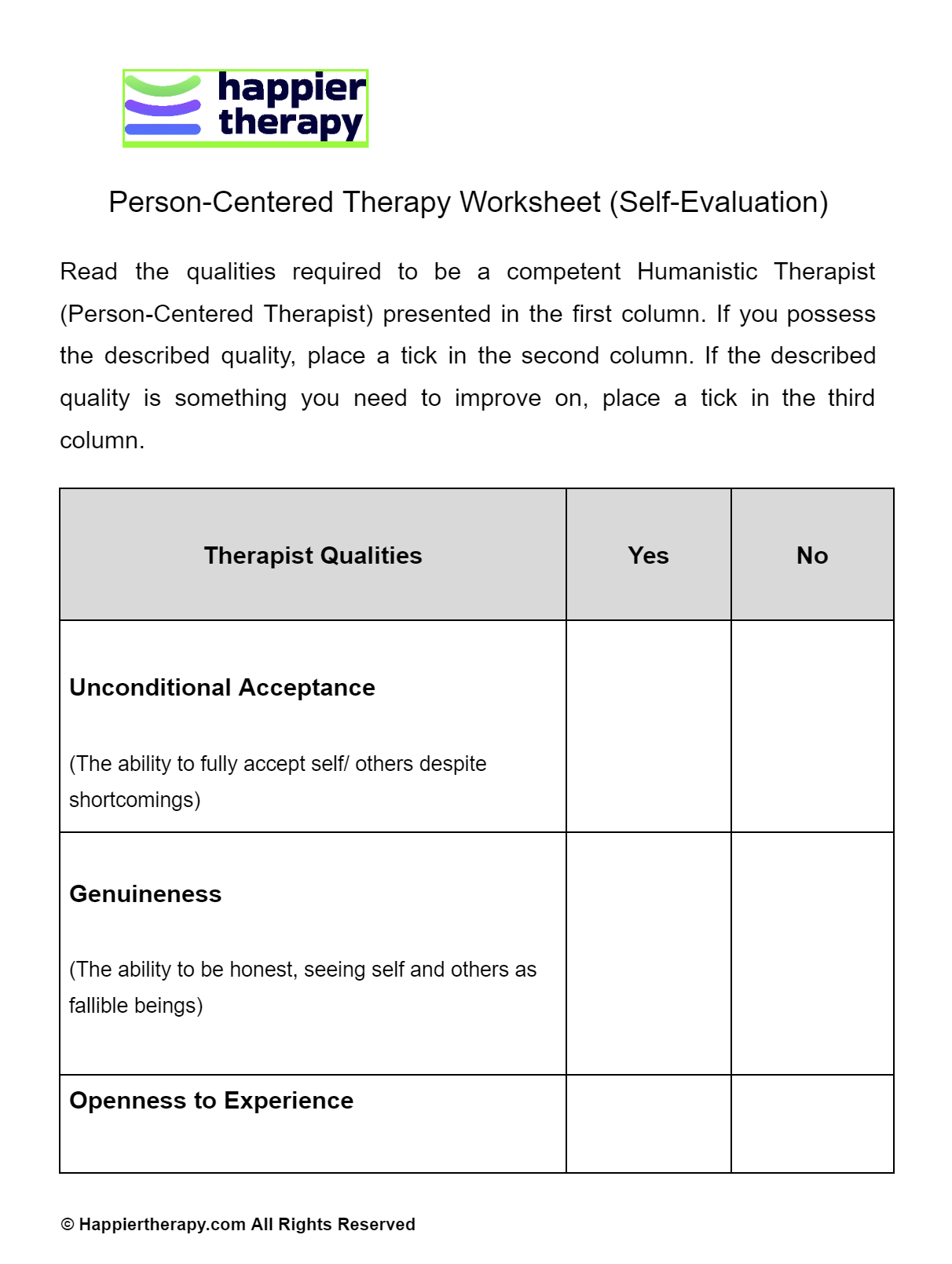 Person-Centered Worksheet For Therapists (Self-Evaluation) | HappierTHERAPY