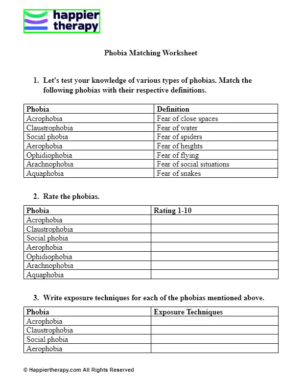 Phobia Matching Worksheet | HappierTHERAPY