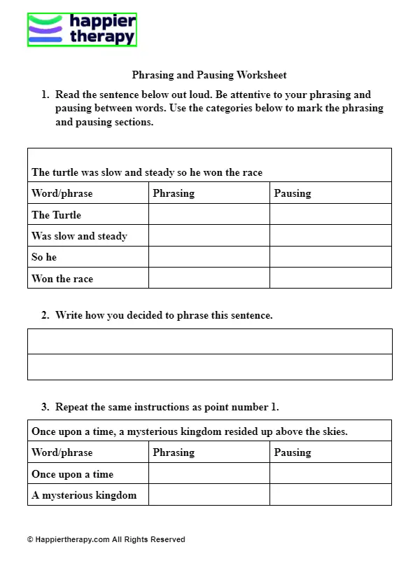 Phrasing And Pausing Worksheet | HappierTHERAPY