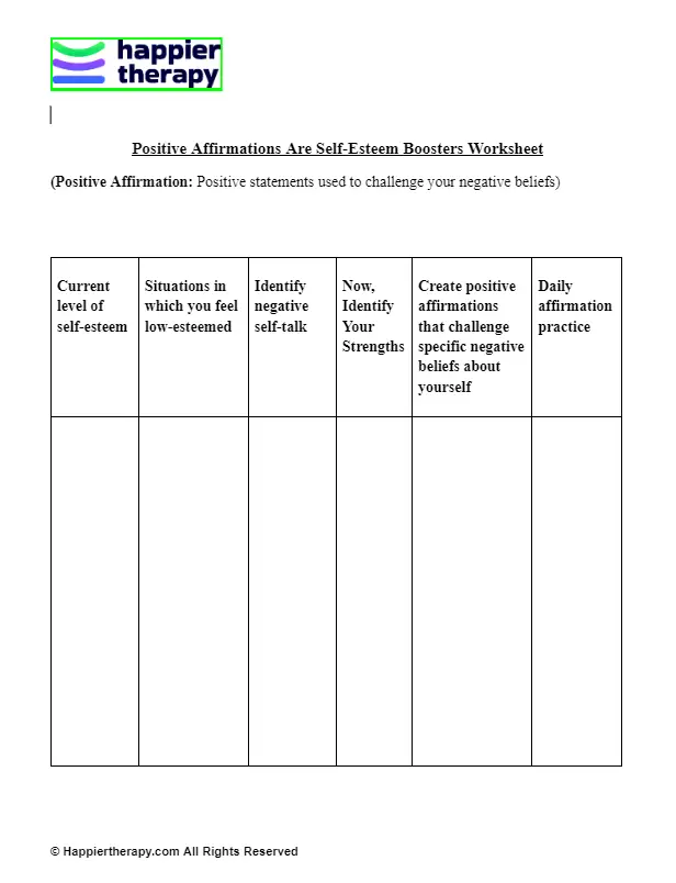 Positive Affirmations Are Self-Esteem Boosters Worksheet | HappierTHERAPY