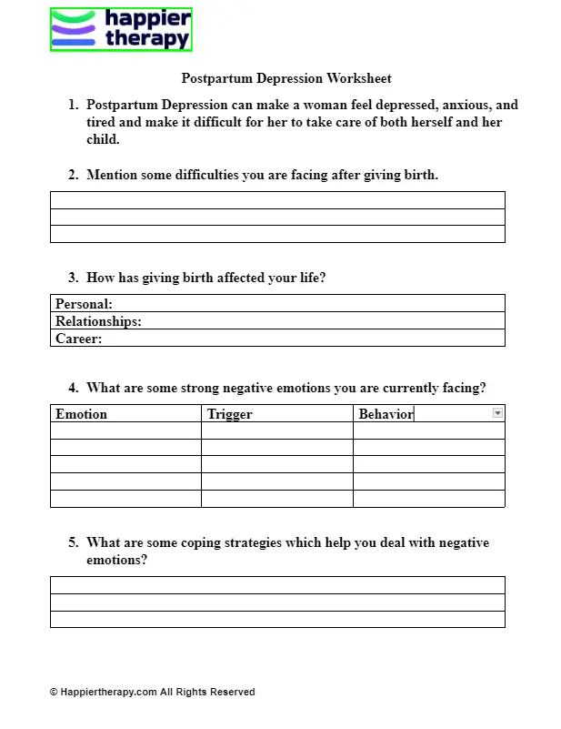 Postpartum Depression Worksheet HappierTHERAPY Postpartum Depression Worksheet HappierTHERAPY