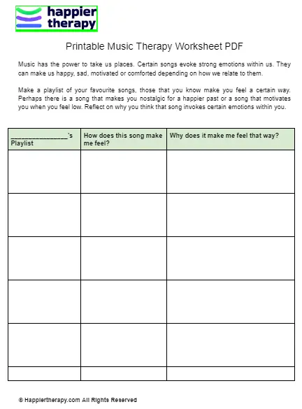 Printable Music Therapy Worksheet PDF | HappierTHERAPY
