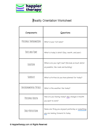 Reality Orientation Worksheet | HappierTHERAPY