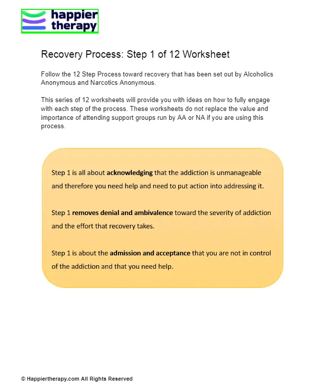 Recovery Process: Step 1 Of 12 Worksheet | HappierTHERAPY