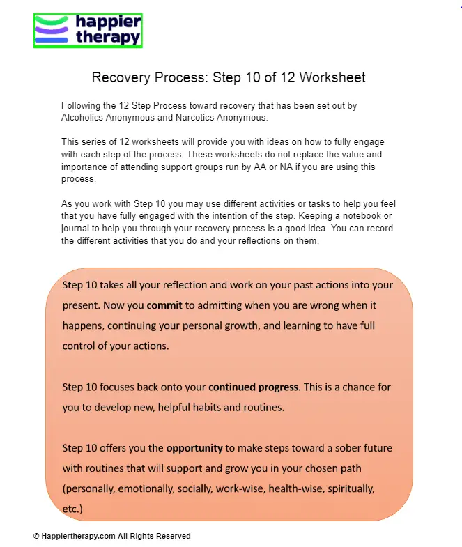 Recovery Process: Step 10 Of 12 Worksheet | HappierTHERAPY
