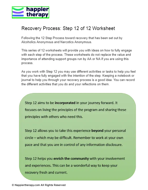 Recovery Process: Step 12 Of 12 Worksheet | HappierTHERAPY