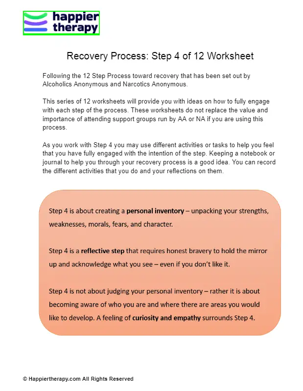 Recovery Process Step 4 Of 12 Worksheet HappierTHERAPY