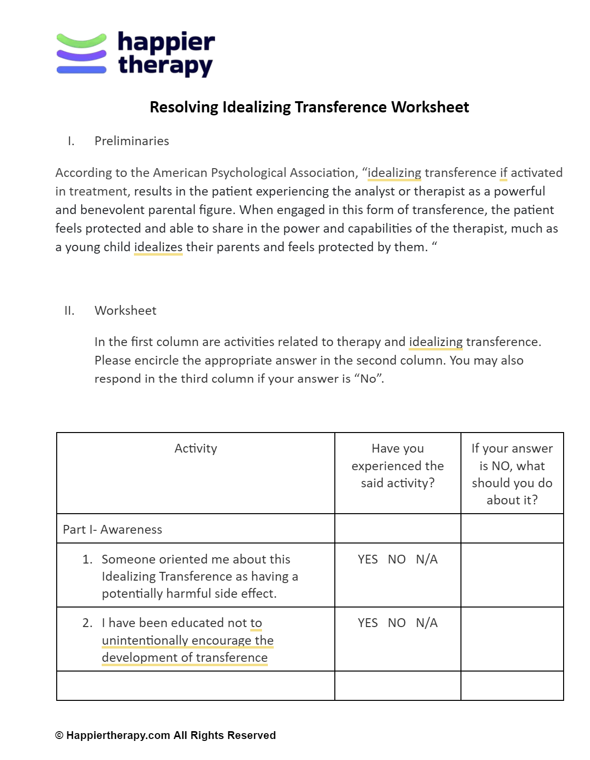 Resolving Idealizing Transference Worksheet | HappierTHERAPY