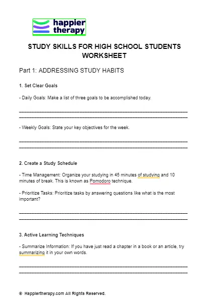 STUDY SKILLS FOR HIGH SCHOOL STUDENTS WORKSHEET | HappierTHERAPY