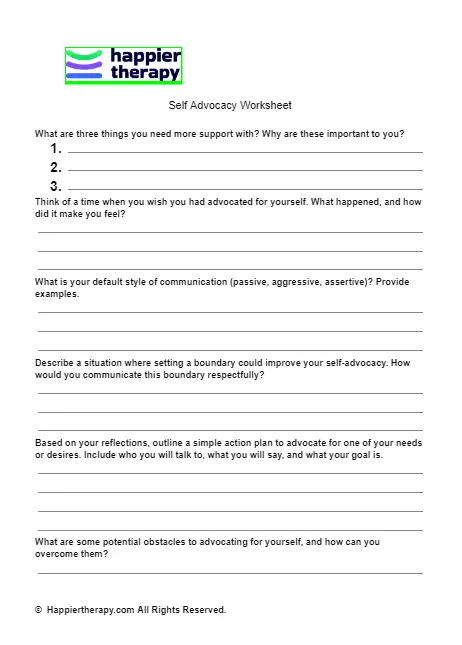 Self Advocacy Worksheet | HappierTHERAPY