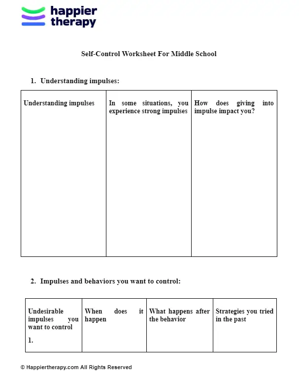 Self-Control Worksheet For Middle School | HappierTHERAPY