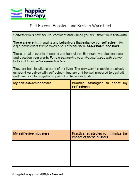 Self-Esteem Boosters And Busters Worksheet | HappierTHERAPY