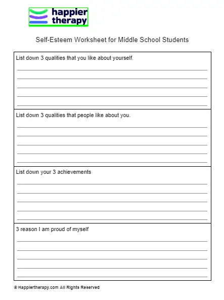 Self-Esteem Worksheet For Middle School Students | HappierTHERAPY