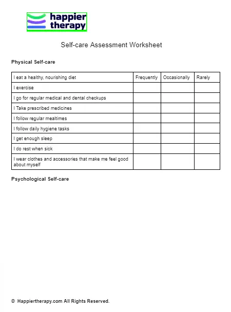 Self-care Assessment Worksheet | HappierTHERAPY Self-care Assessment Worksheet | HappierTHERAPY