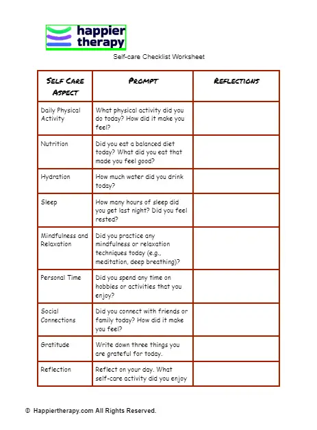 Self-care Checklist Worksheet | HappierTHERAPY