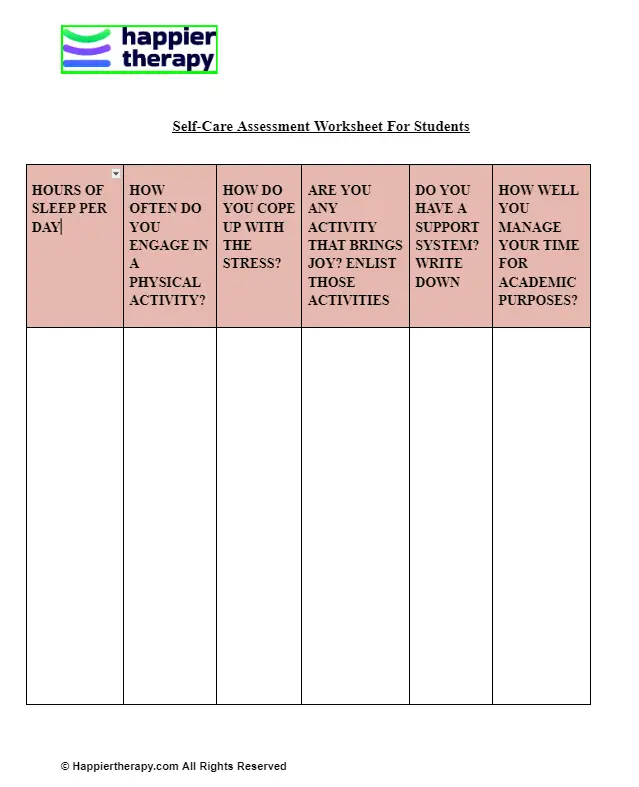 Self-Care Assessment Worksheet For Students | HappierTHERAPY