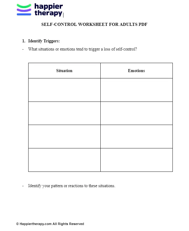 SELF-CONTROL WORKSHEET FOR ADULTS PDF | HappierTHERAPY