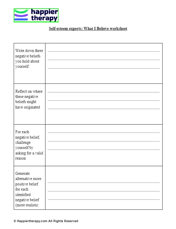 Self-esteem Experts: What I Believe Worksheet | HappierTHERAPY