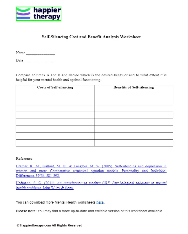 Self-Silencing Cost And Benefit Analysis Worksheet | HappierTHERAPY