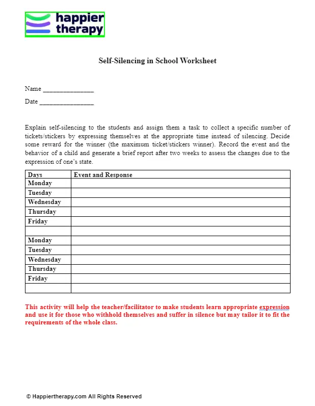 Self-Silencing In School Worksheet | HappierTHERAPY