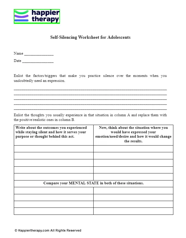Self-Silencing Worksheet For Adolescents | HappierTHERAPY