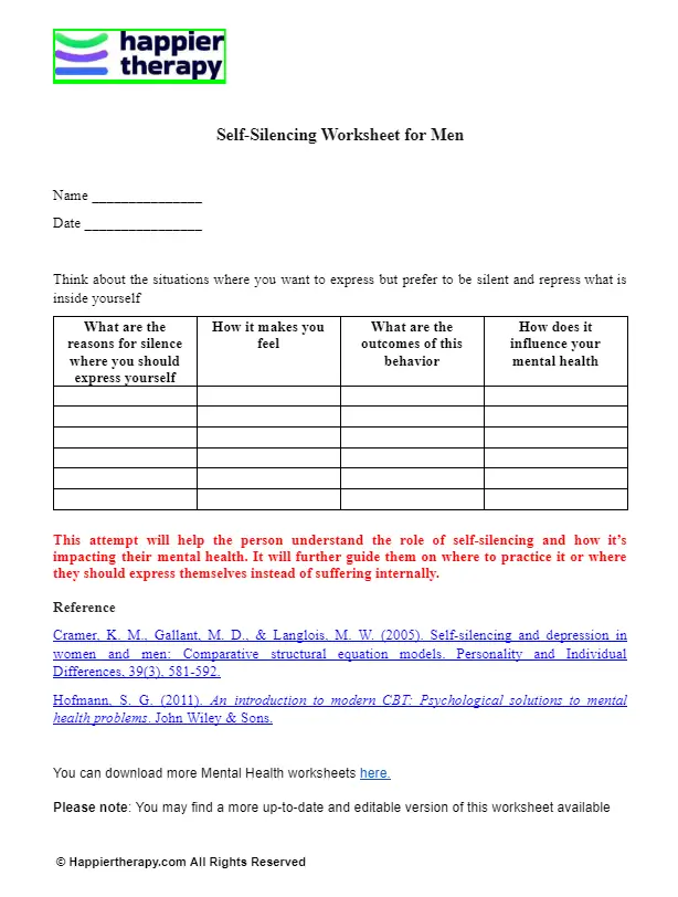 Self-Silencing Worksheet For Men | HappierTHERAPY