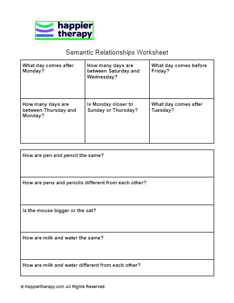 Semantic Relationships Worksheet | HappierTHERAPY