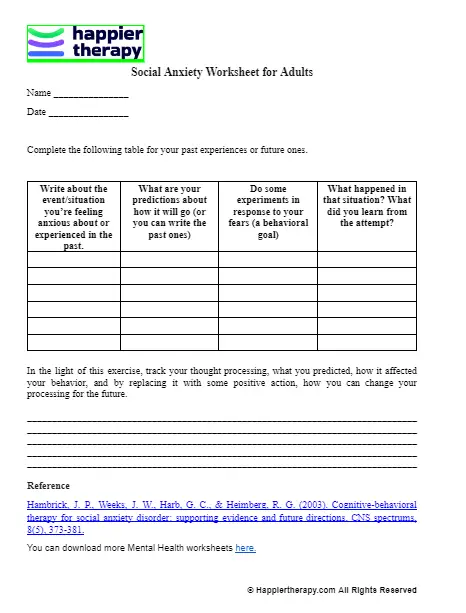 Cognitive Behavioral Therapy Worksheets For Social Anxiety Therapy