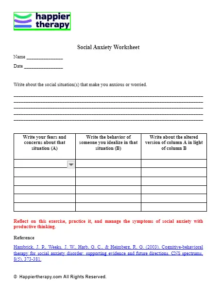 Social Anxiety Worksheet | HappierTHERAPY