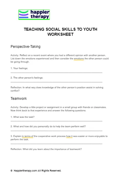 TEACHING SOCIAL SKILLS TO YOUTH WORKSHEET | HappierTHERAPY