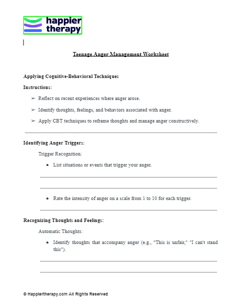 Teenage Anger Management Worksheet | HappierTHERAPY