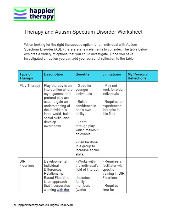 Therapy And Autism Spectrum Disorder Worksheet | HappierTHERAPY