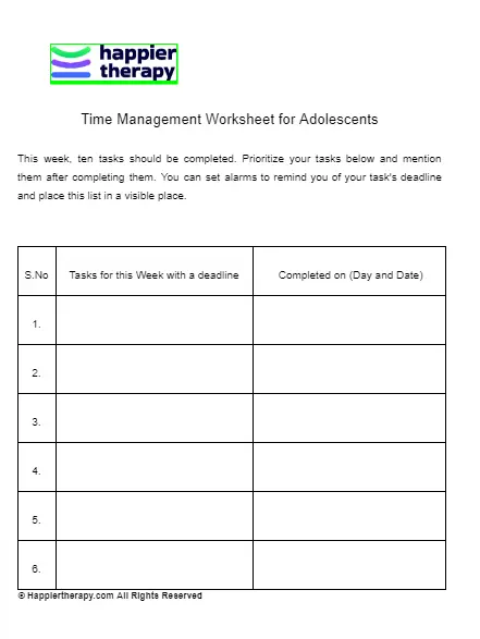 Time Management Worksheet For Adolescents | HappierTHERAPY