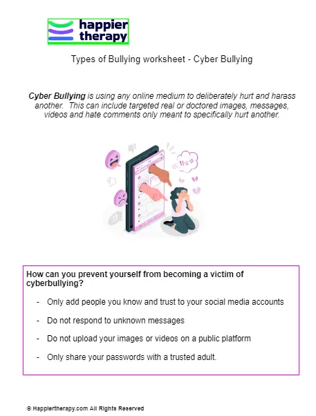 Types Of Bullying Worksheet - Cyber Bullying | HappierTHERAPY