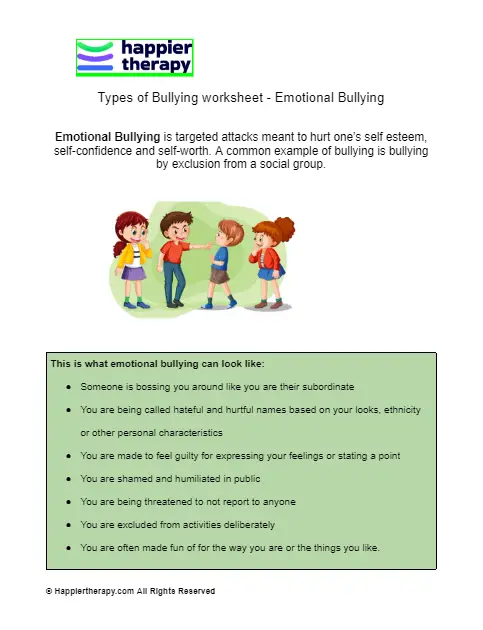 Types Of Bullying Worksheet - Emotional Bullying | HappierTHERAPY