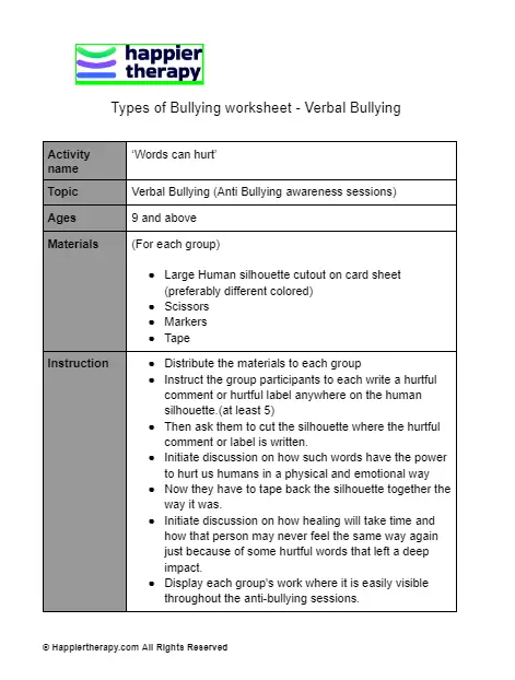 Types Of Bullying Worksheet - Verbal Bullying | HappierTHERAPY