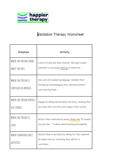 Validation Therapy Worksheet | HappierTHERAPY
